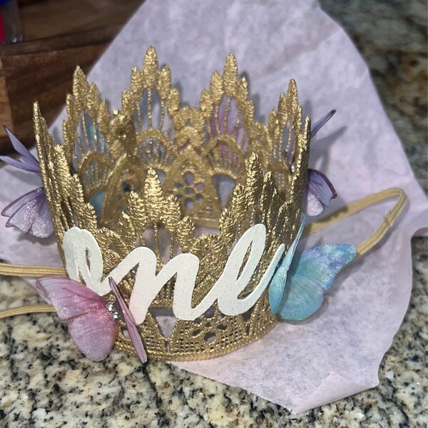 Fairy First 1st One Birthday Butterfly Mini Sienna Flower Lace Crown ...