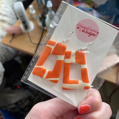 Retro Orange and White Print Slanted Rectangle Dangle Polymer Clay ...