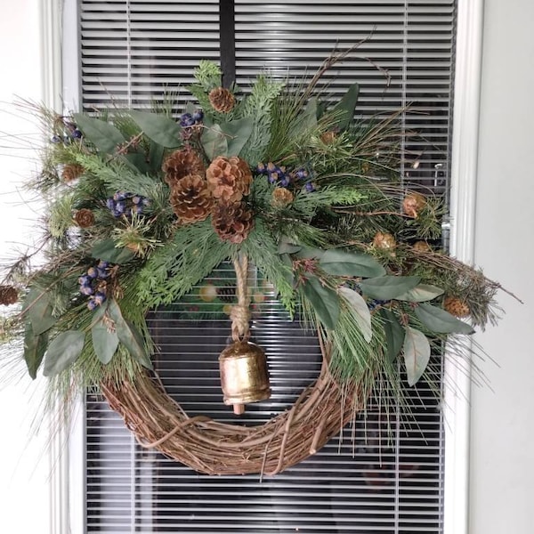 Winter Wreath With Rustic Brass Bell |housewarming Gift | Rustic Style ...