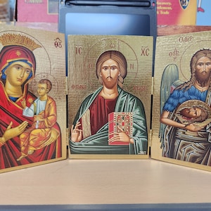 Triptych Christian Icon of Virgin Mary gorgoipikoos and Archangels With Aging Technique ...