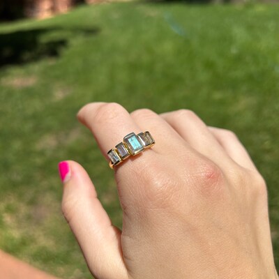 Rainbow Labradorite Ring Rectangular Stone Gemstone Natural 18k Gold ...