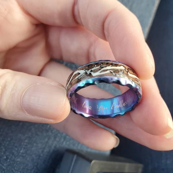 Lightning Glow Ring, Hammer Texture Ring, Titanium Wood Glow Ring, Mens ...