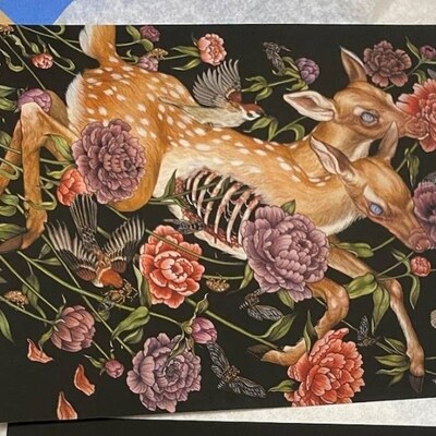 Fawn Deer With Birds and Flowers Gothic Botatnical Art Giclee Print ...