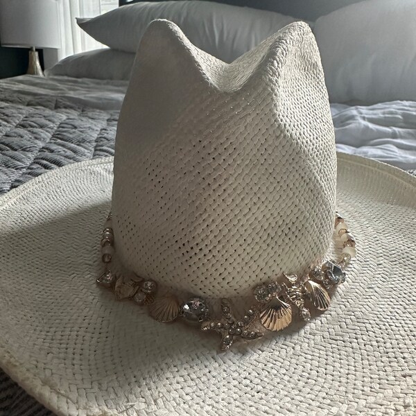 Coastal Rhinestone Western Hat Band | Handmade Beaded Gold Starfish and ...
