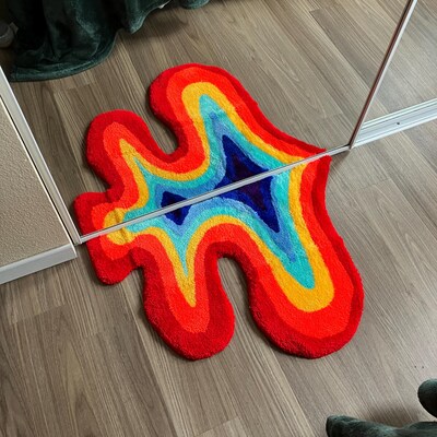 Y2K Acid Smile Face Fluffy Double Layered Cow Pattern Rug / %100 ...
