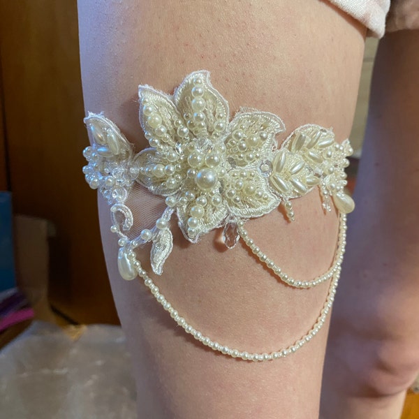 Fancy Ivory Floral Wedding Garter for Bride With Beaded Danglings ...