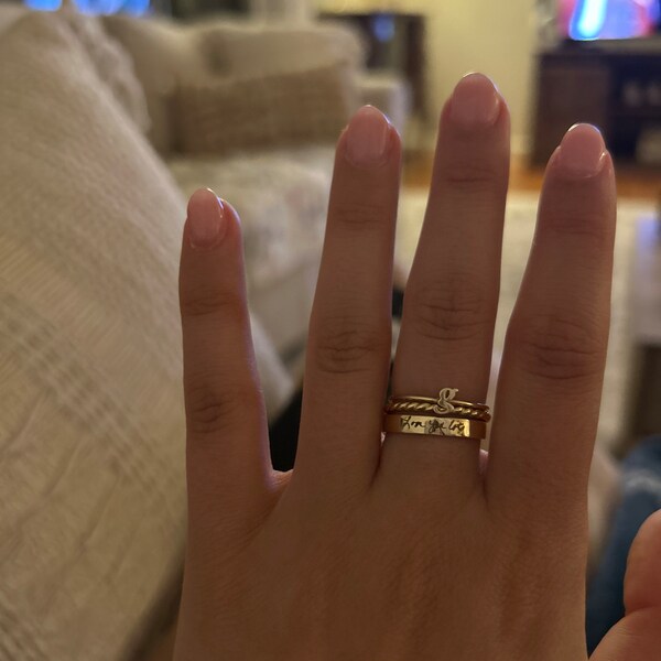 14k 18k Solid Gold Handwriting Ring, Engrave Name Coordinate Gold 3 Mm ...
