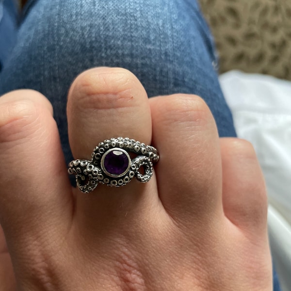 Rainbow Moonstone Octopus Ring | Silver Tentacle Ring | Kraken Jewelry ...