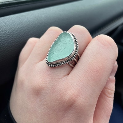 Sea Glass Silver Stack Ring Sz 11, Handmade Dainty Beach Glass Rings ...