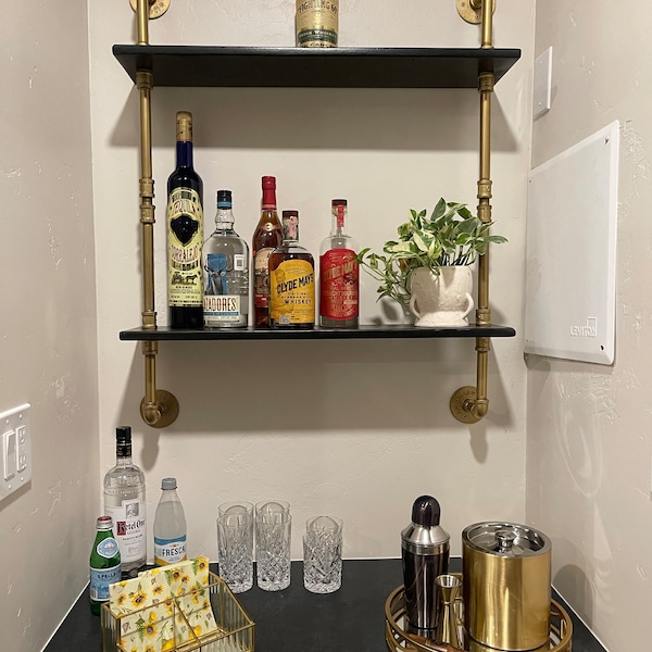 Shelving Industrial Pipe Wood Shelf, for Bar Kitchen Industrial Brass ...