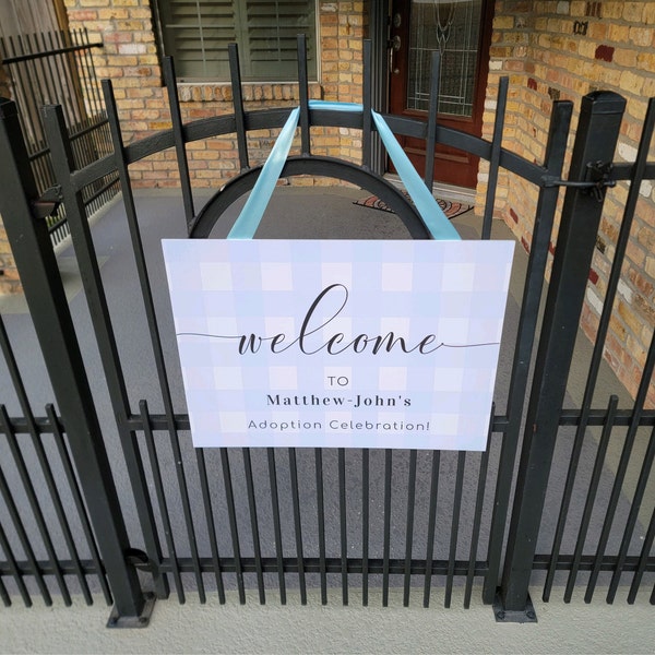 Blue Gingham Welcome Sign, Boy Baby Shower Pale Blue Check Welcome Sign ...