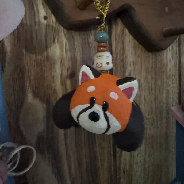 Handmade Wooden Carving Red Panda Keychain, Wooden Red Panda Ornament ...