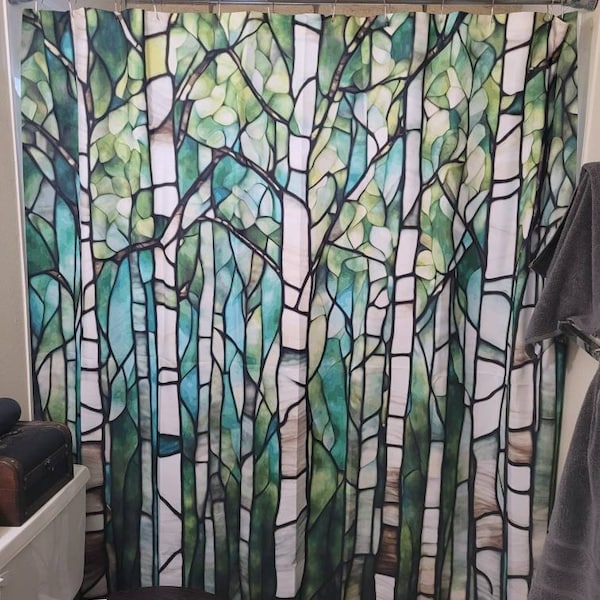 Stained Glass Birch Trees Shower Curtain Modern Art Deco Forest Scenery ...