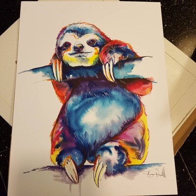 Colorful SLOTH Art Print of Original Watercolor Painting Bright Rainbow ...