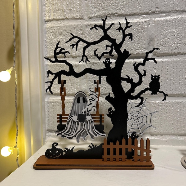 3D Layered Wooden Ghost Swing Decoration: Spooky Halloween Tabletop ...