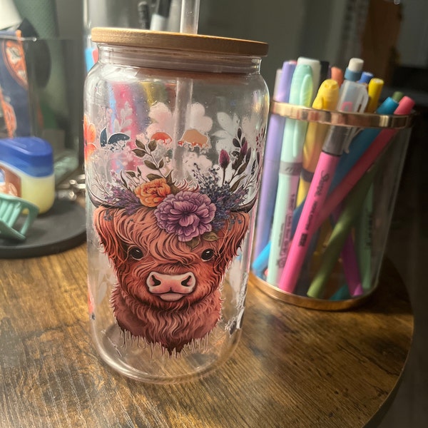 Highland Cow Glass Cup, Boho Cow Glass Can With Lid and Straw, Scottish ...