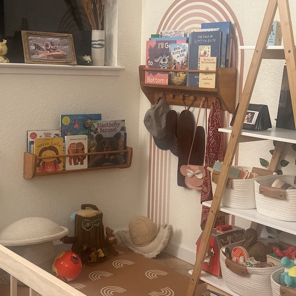 Montessori Baby & Kids Room Shelf With Hooks, Nursery Shelves, Kids ...