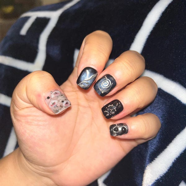 Cool Gothic-inspired Press on Nails | Goth Dark Blue Almond Nails | 3D ...