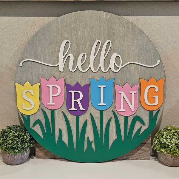 Hello Spring Tulips Sign, Round Door Hanger Svg, Spring Welcome Sign ...