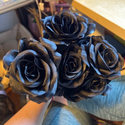 12 Black Roses, Open Roses Bouquet, Rose Bush, Artificial Roses, Silk ...