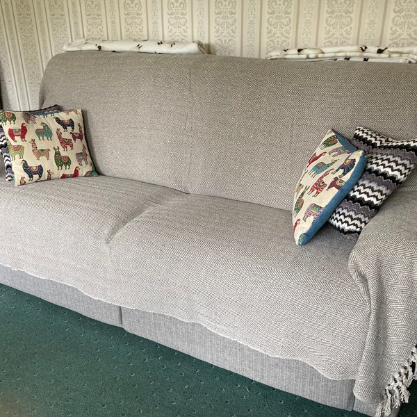 Luxury Woven 100% Cotton Natural Beige Brown Tweed Herringbone Sofa/bed ...