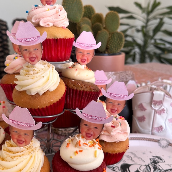Rodeo Cupcake Toppers With Photo and Pink Cowgirl Hat, Face Cupcake ...