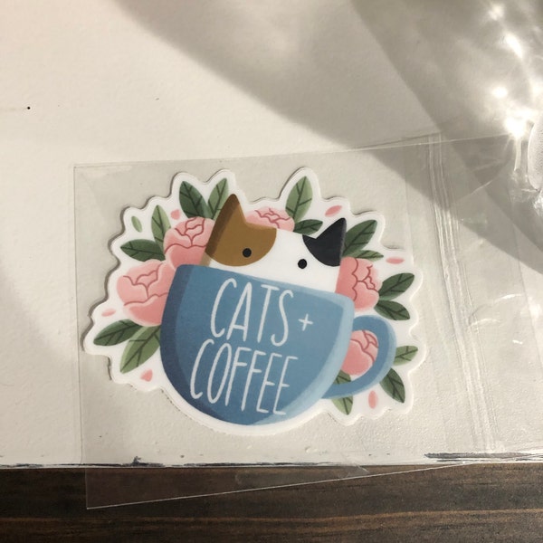 Cat Vinyl Sticker, Cat Sticker, Cat Decal, Coffee Vinyl Sticker, Coffee ...
