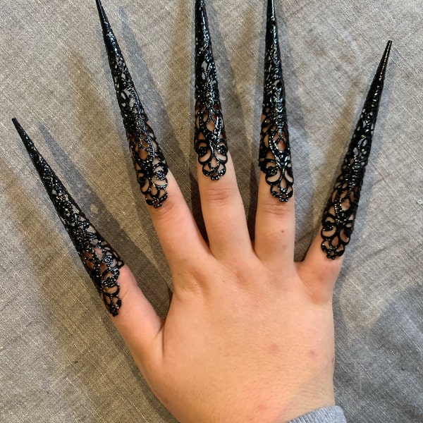 Unseelie Witch Claws Gothic Black Stiletto Filigree Nail Rings Cosplay ...