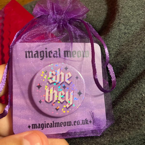 She/they Holographic 38mm Pin Badge| Pronoun Pin, Identity Badge ...