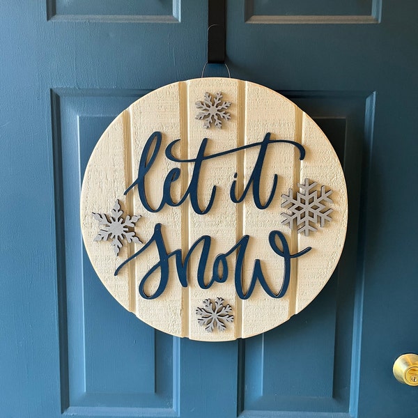 Let It Snow Door Sign, Snowflake Door Hanger, Modern Rustic Christmas ...