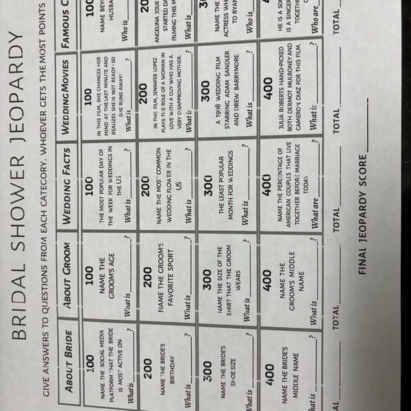 Bridal Jeopardy, Bridal Shower Game Boho, Bridal Shower Quiz, Floral ...