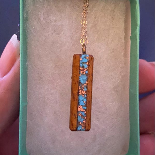 Long Koa Wood With Turquoise and Copper Inlay Vertical Bar Y Necklace ...