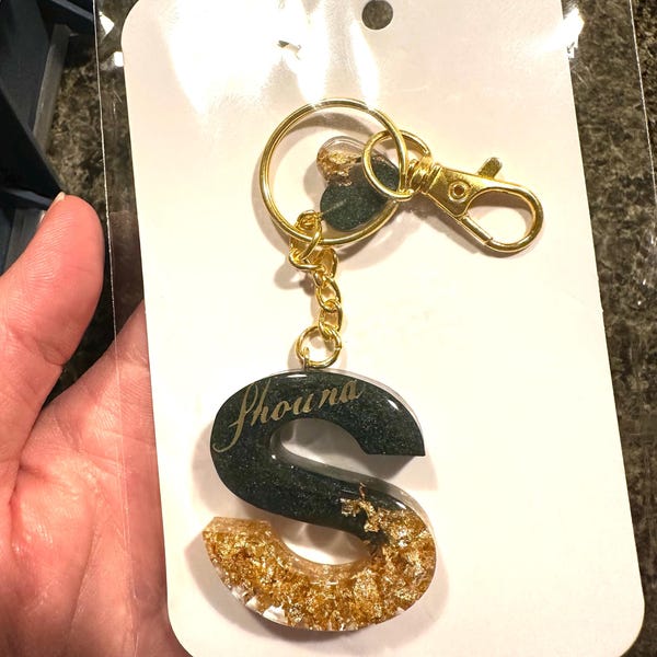 Personalized Custom Handmade Resin Letter Gold / Green Keychain ...
