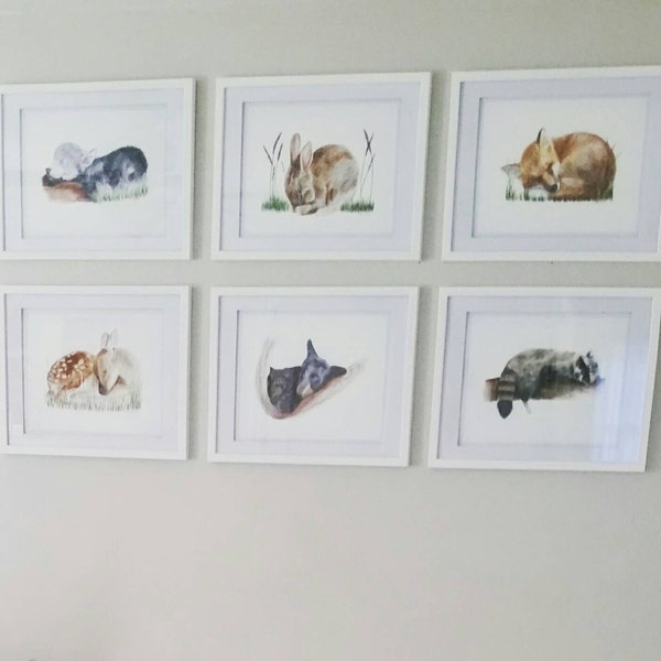 Woodland Nursery Art, Set of 6, Sleeping Baby Animals, Baby Animal ...