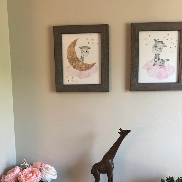 Giraffe Nursery Wall Decor, Pink Gray Gold Nursery Decor, Moon and ...