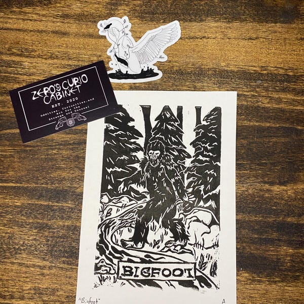 Bigfoot Linocut Print | 5”x7” Cryptid Block Print | Cryptozoology ...