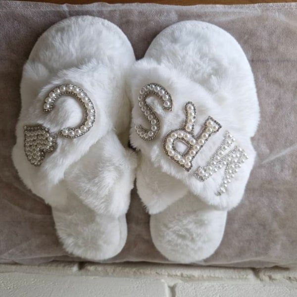 Bride Slippers | Mrs Slippers | Pearl Embellished Fluffy Bridal ...