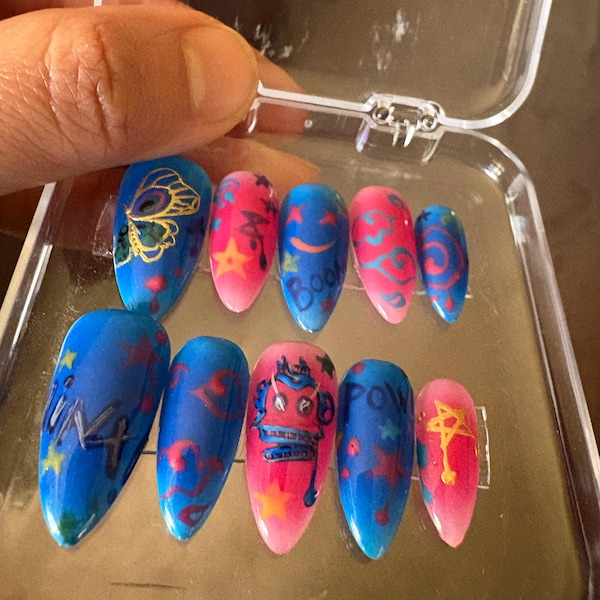 League of Legends Jinx Nail Art, Pink & Blue Graffiti Stiletto Nails ...
