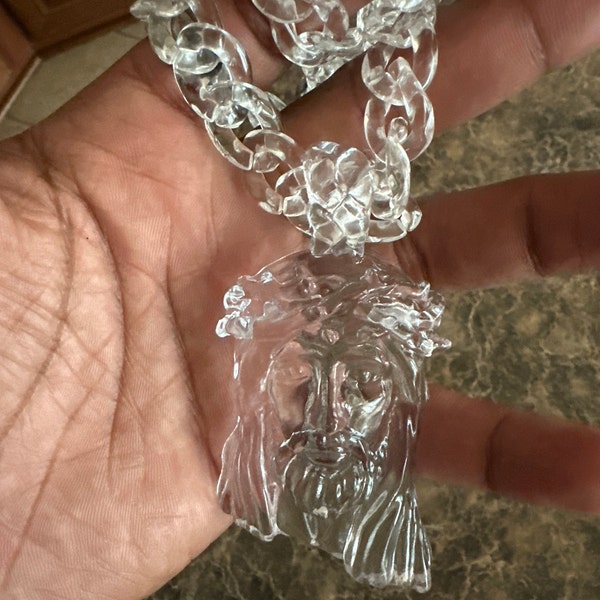 Big Clear Jesus Piece Pendant & Chain - Etsy