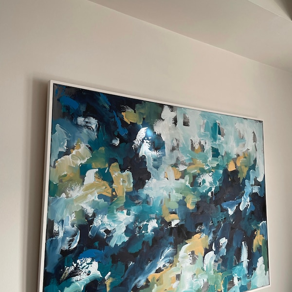 Original Handmade Abstract Painting Large Modern Wall Art Grey & Blue ...