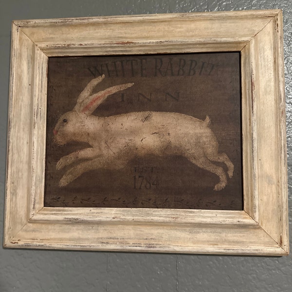 Handmade Primitive Folk Art Easter Spring White Rabbit Inn Bunny Print ...