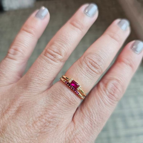 Ruby Dainty Baguette Stacking Ring, Gold Minimalist Ring, Simple Ruby ...