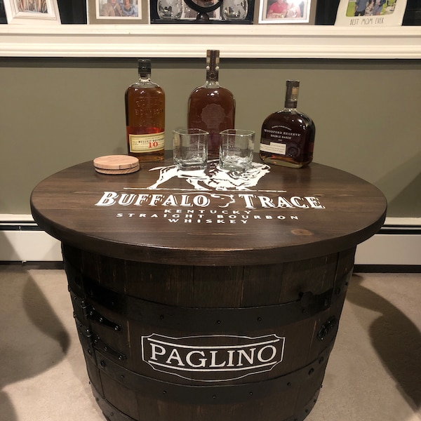 Custom Whiskey Barrel Table With Liquor Storage – Rustic Reclaimed Wood ...
