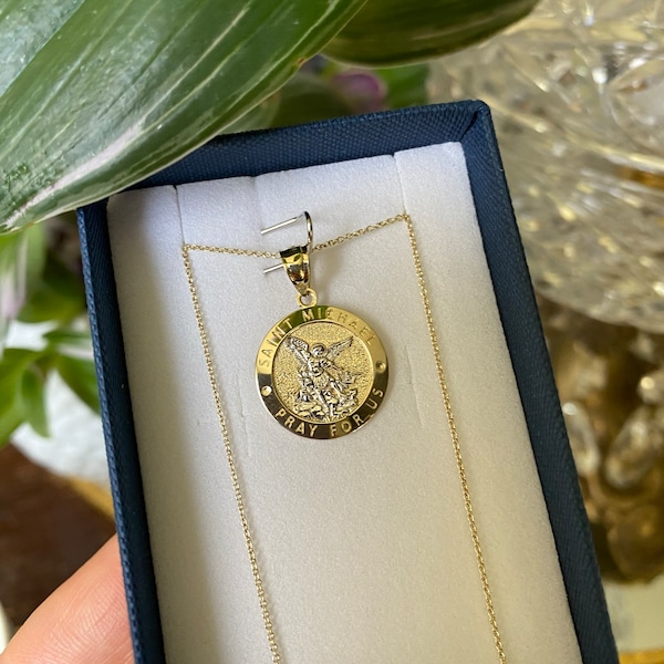 10k Solid Gold Saint Michael Medallion Necklace: Two-tone Protection ...