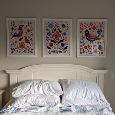 Norwegian Folk Art Floral Bird Print Set of 3, Nordic Wall Art, Bedroom ...