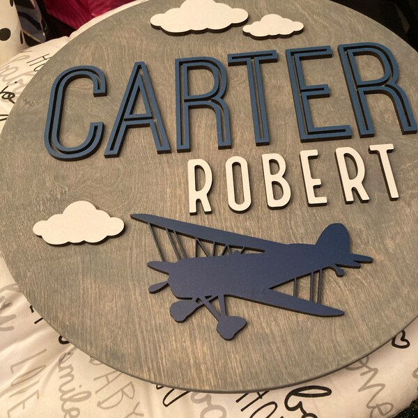 Airplane Nursery Name Sign, Round Name Sign, Airplane Nursery, Boy Name ...