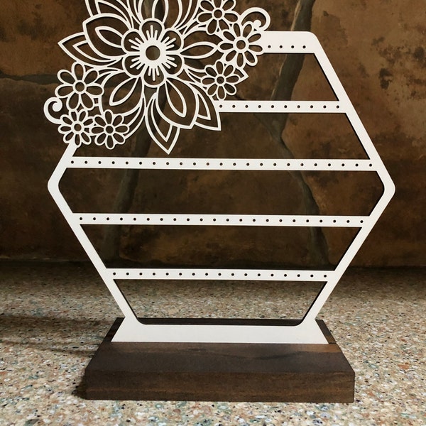 Wood Earring Holder Stand | Floral Hexagon Laser Earring Display ...