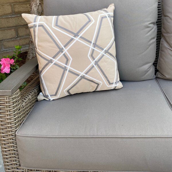 Antique Beige Sunbrella Outdoor Pillow Cover With Grey & White ...