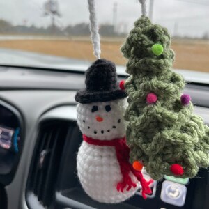 Crochet Christmas Tree and Snowman Car Charm - Car Hanging - Rearview ...