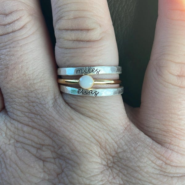 Ring Set Gift for Mom Stackable Rings Personalized Name Rings 14k Gold Filled Name Ring Set ...